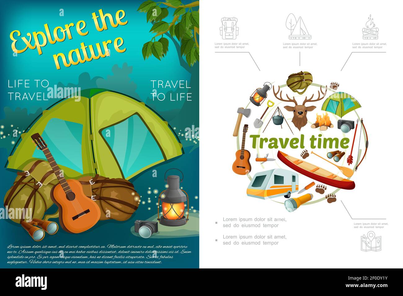 Cartoon camping colorful concept with tent guitar backpack flashlight ...