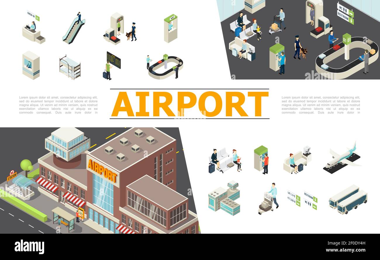 Isometric airport elements set with check-in desk escalator customs ...