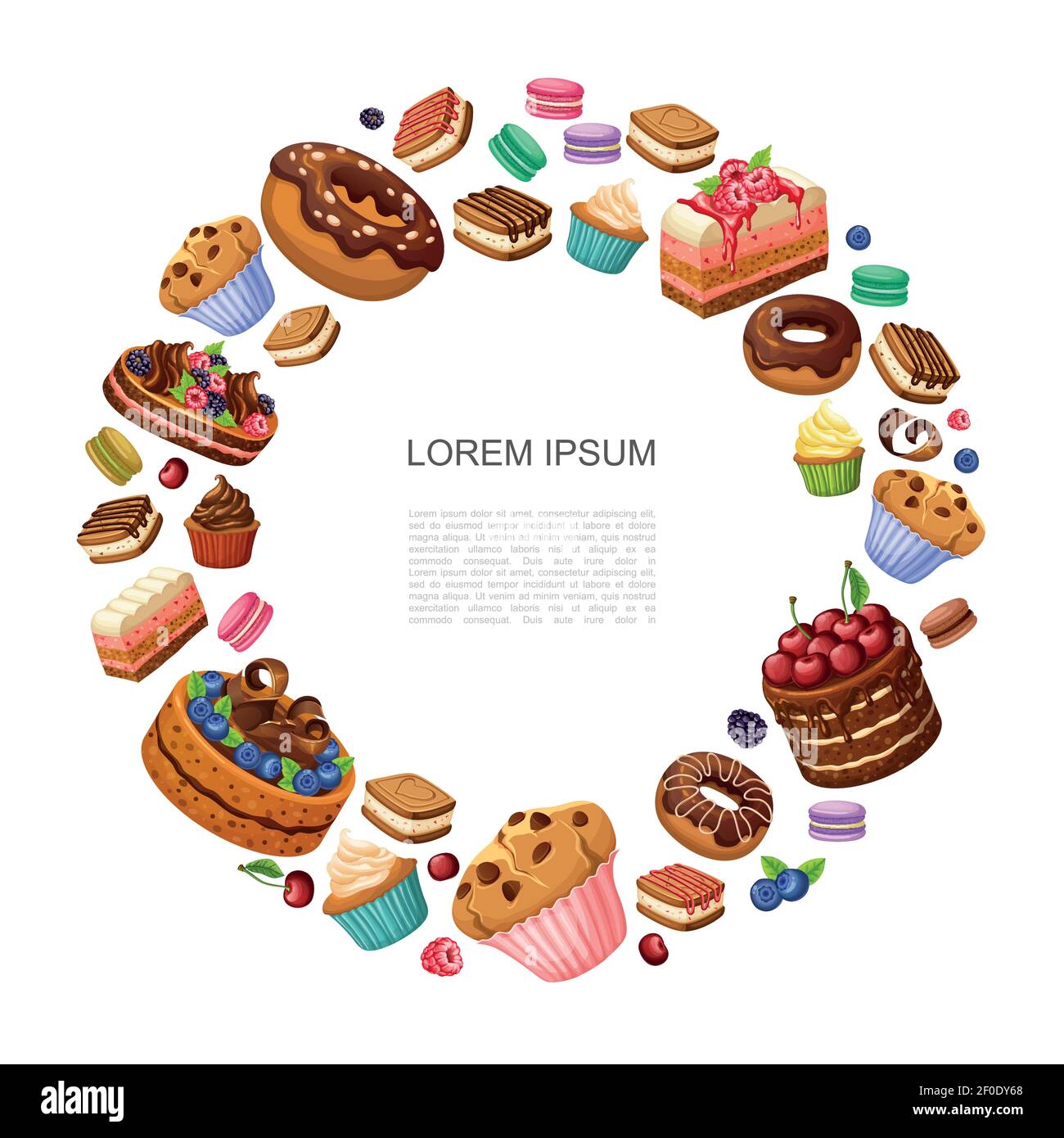 Cartoon desserts round concept with donuts pie pieces macaroons ...