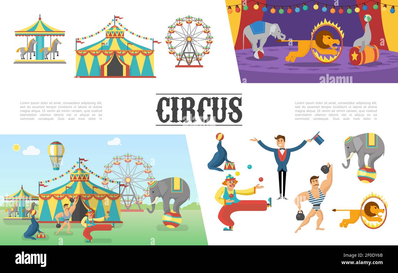 Flat carnival circus elements set with tent carousels strongman clown ...