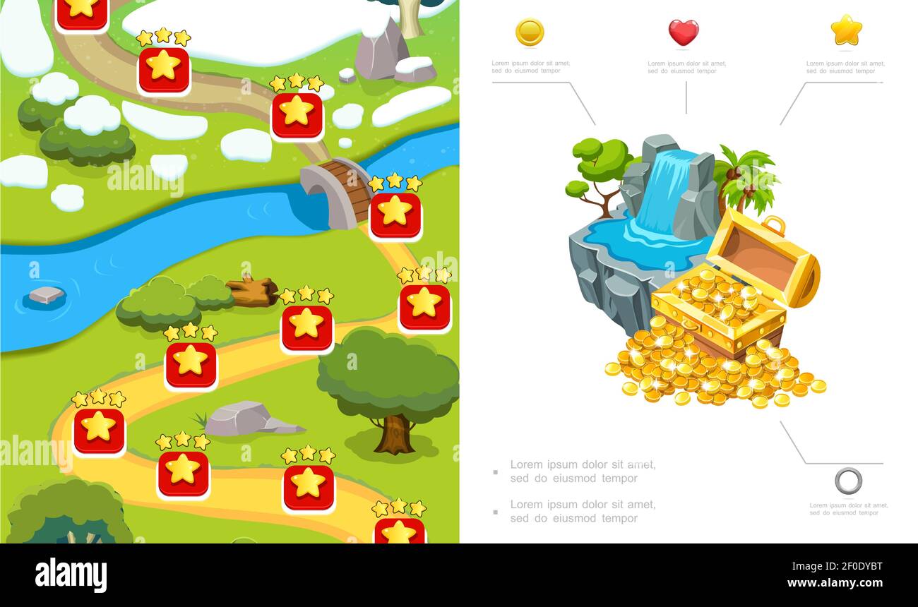 Cartoon game level design composition with route trees river stones ...