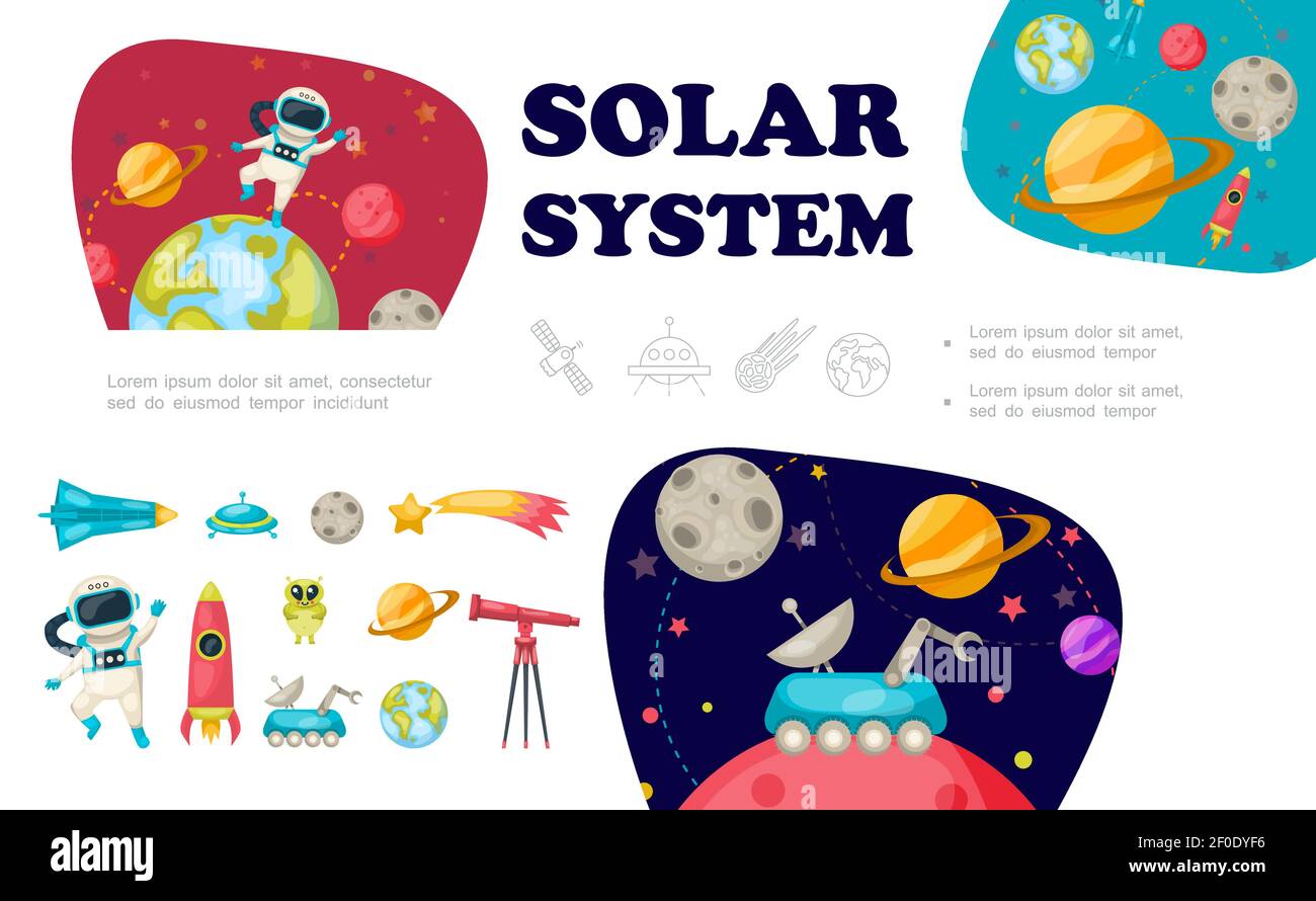 Flat space elements collection with astronaut spaceship ufo alien ...