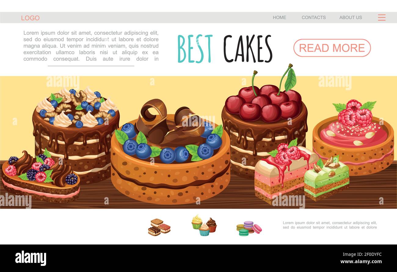 Cartoon tasty cakes web page template with chocolate cream nuts ...