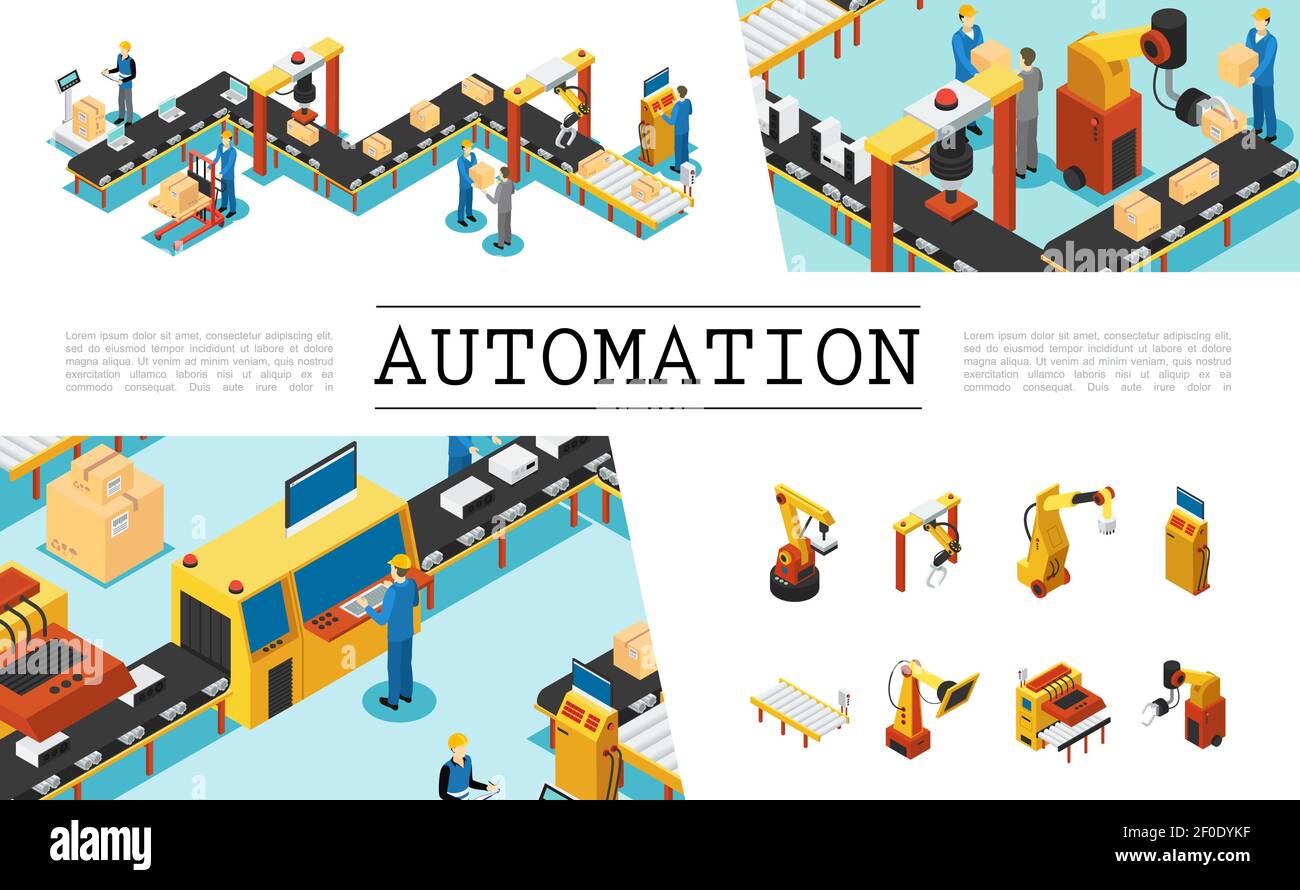 Isometric automated factory elements set with industrial assembly and packaging lines operators ...
