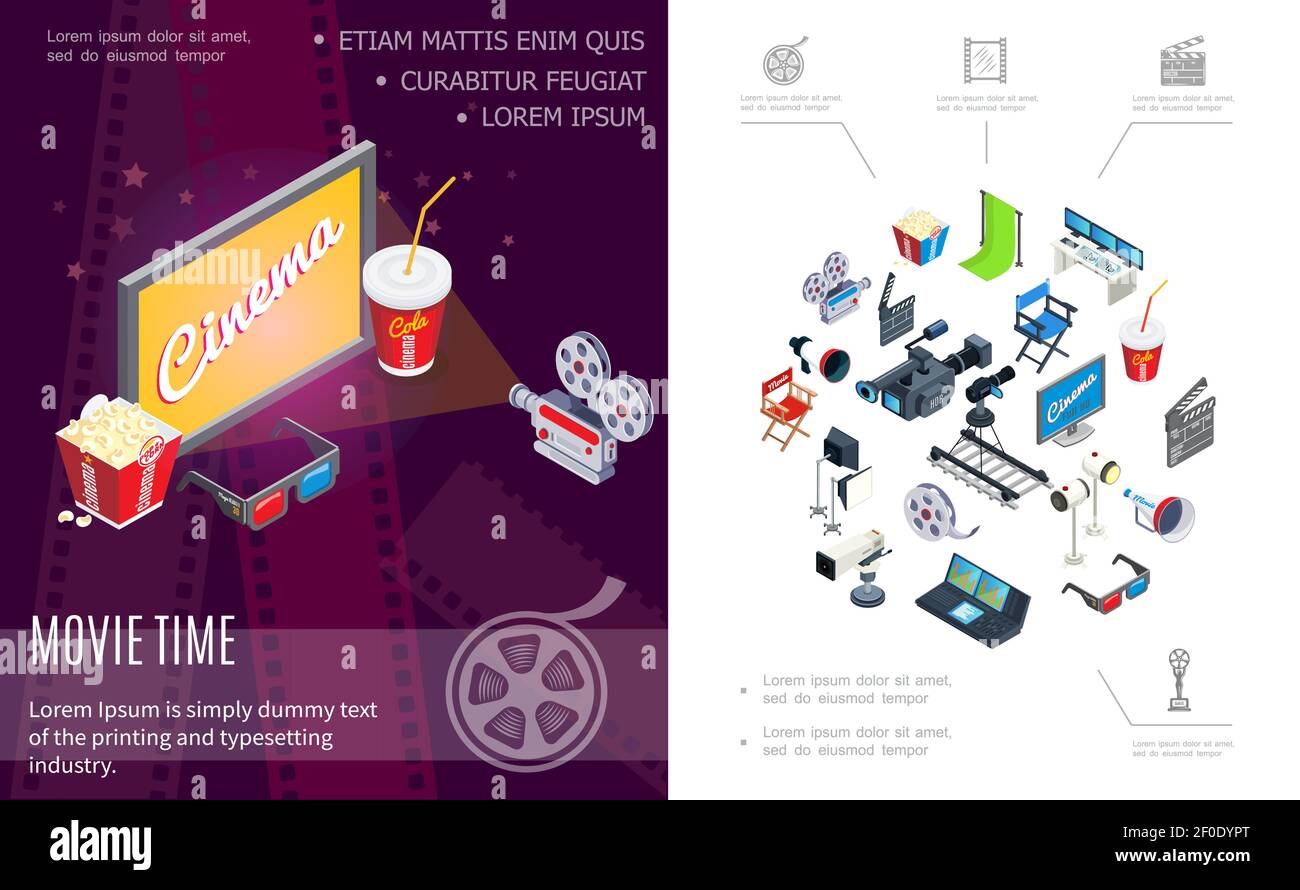 Isometric movie time composition with cameras screen soda popcorn 3d ...