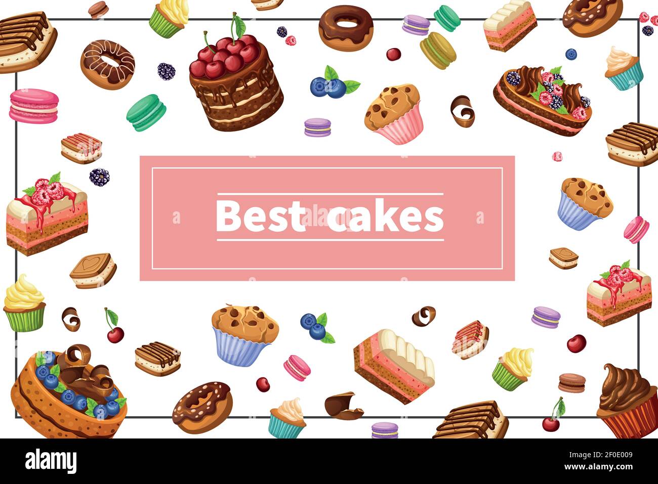Cartoon sweets colorful concept with cakes pie slices donuts muffins ...