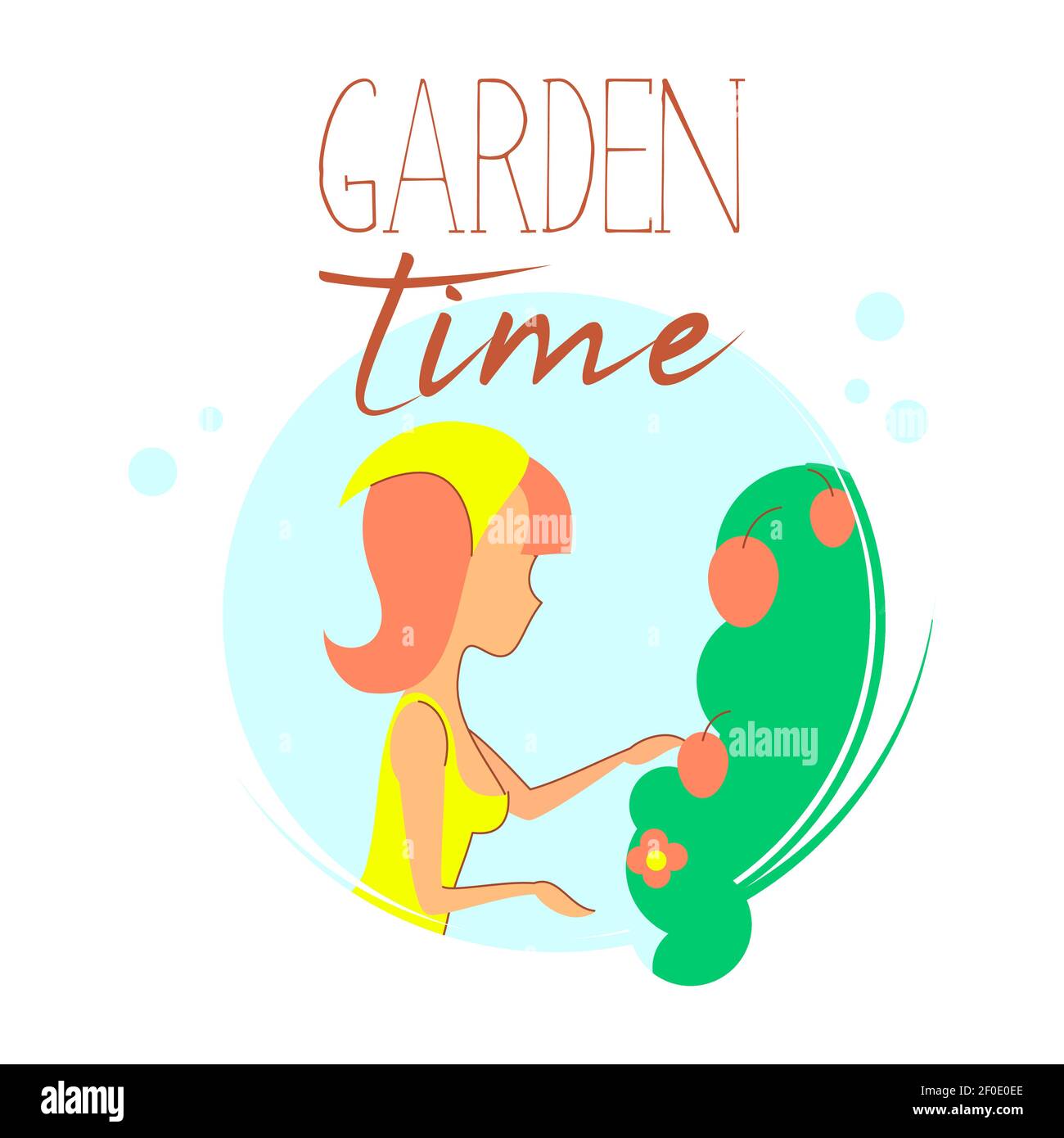 Woman gardener with a cart and flowers. Female character in a garden ...