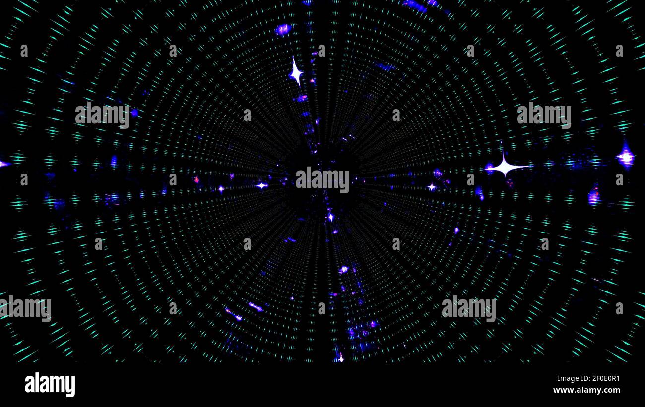 3D illustration of green symmetric lights reflecting in dark endless ...
