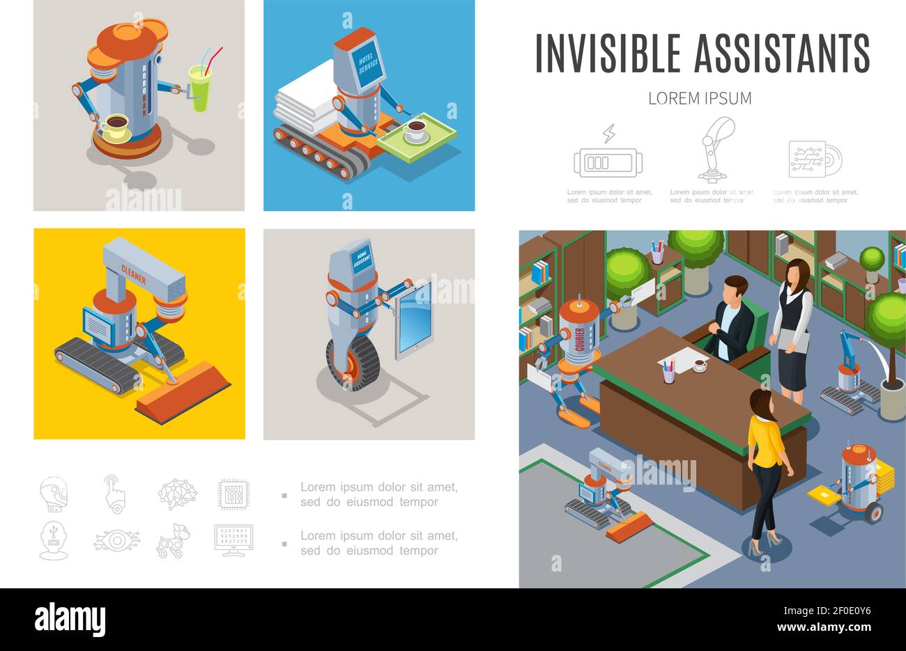 Isometric robotic assistants infographic template with robots bar ...