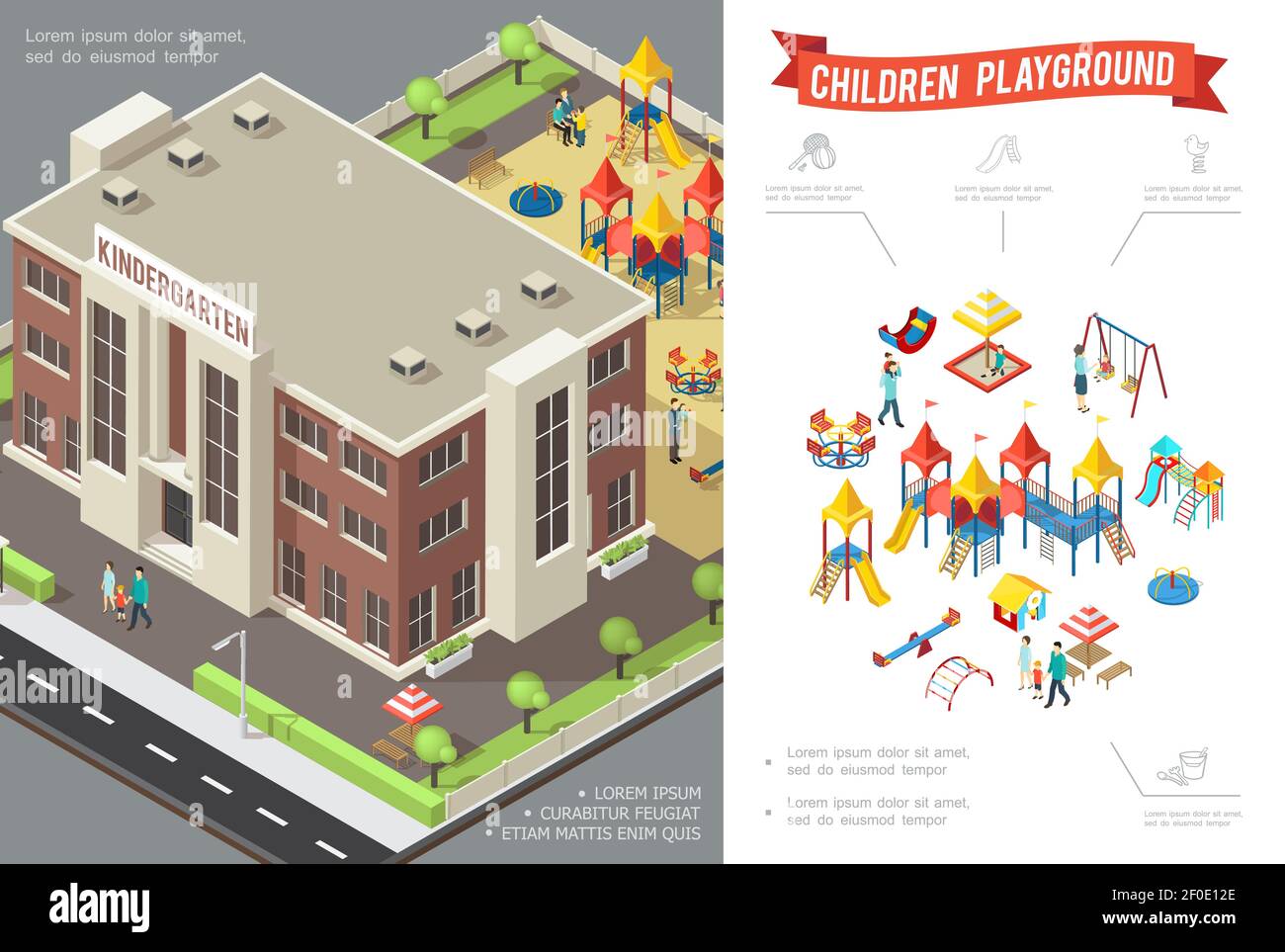 Isometric children playground concept with kindergarten building slides ...