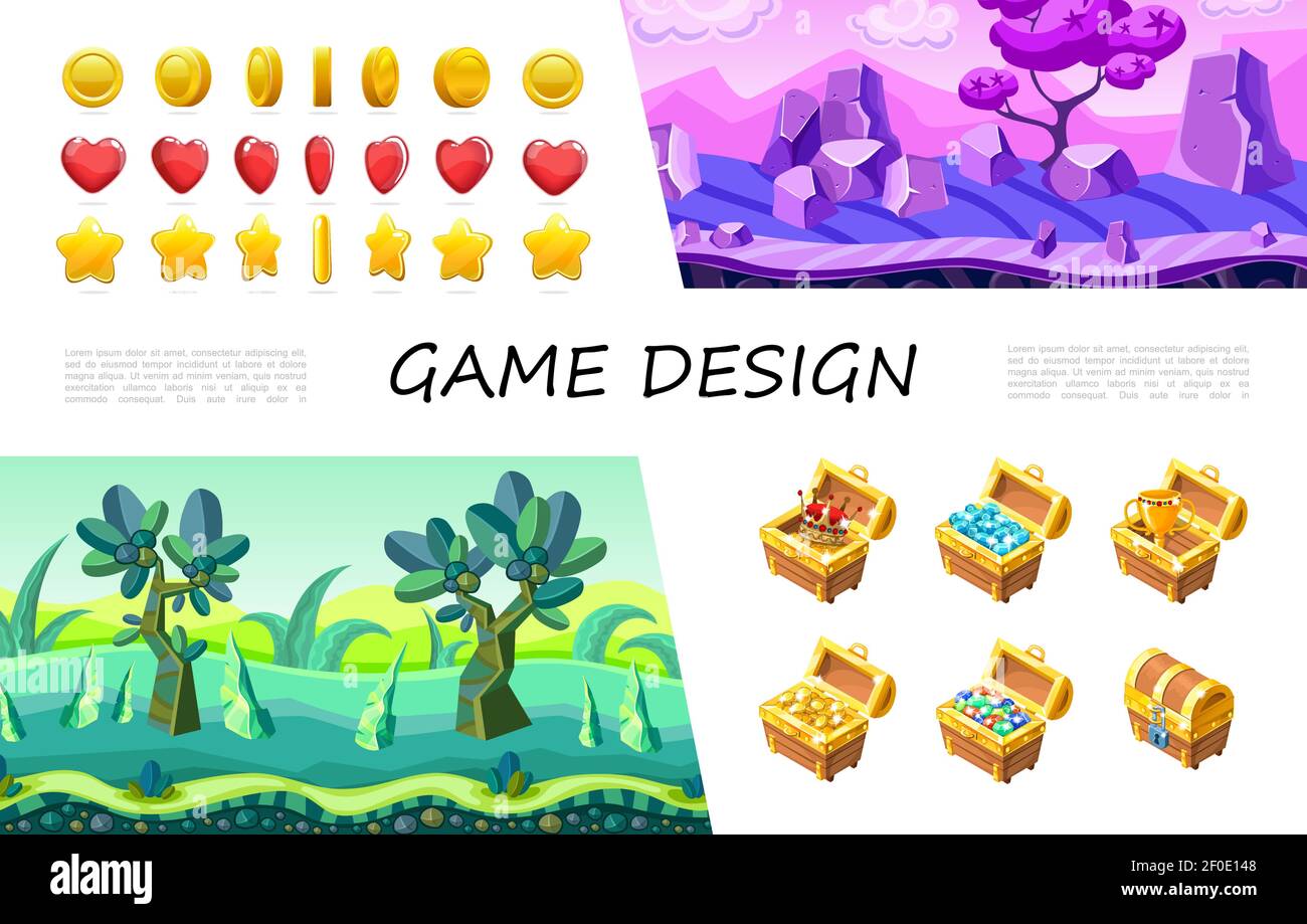 Cartoon game design UI composition with circle heart star buttons crown ...