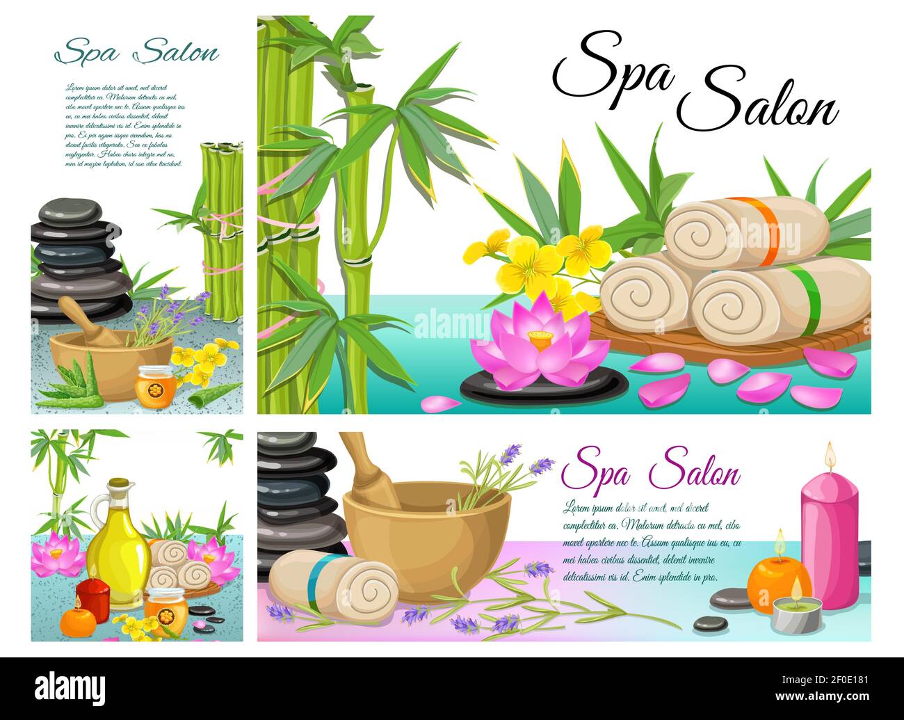 Cartoon spa salon composition with stones bamboo towels lotus flower ...