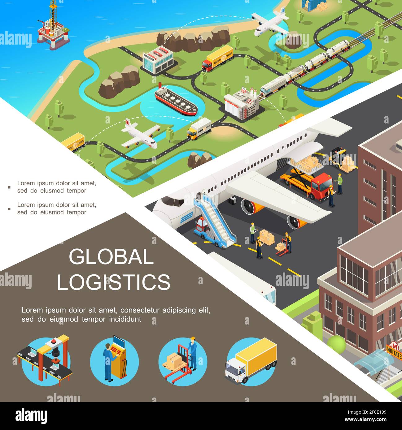 Isometric global logistics poster with international transportation ...