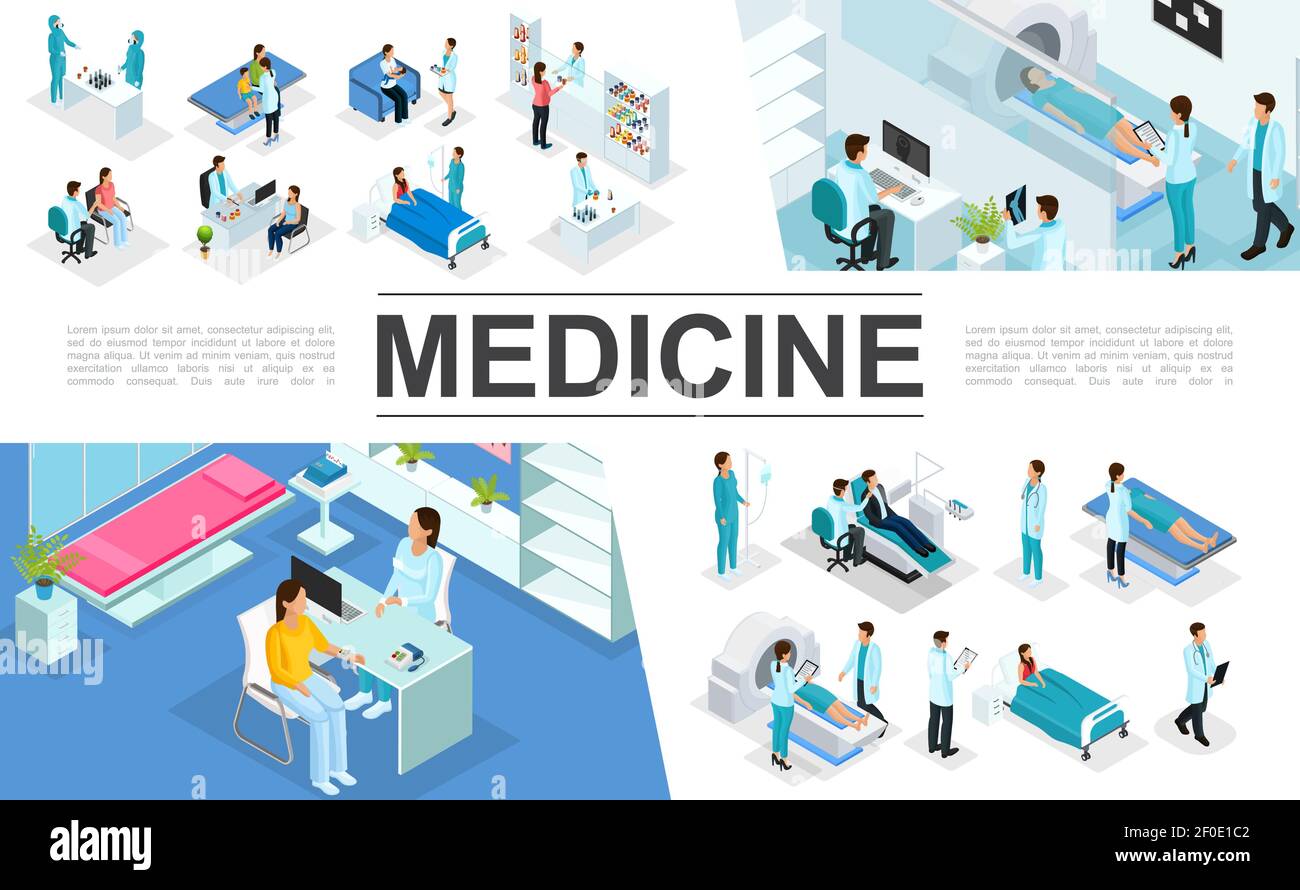 Isometric medicine elements collection with doctors patients nurses ...