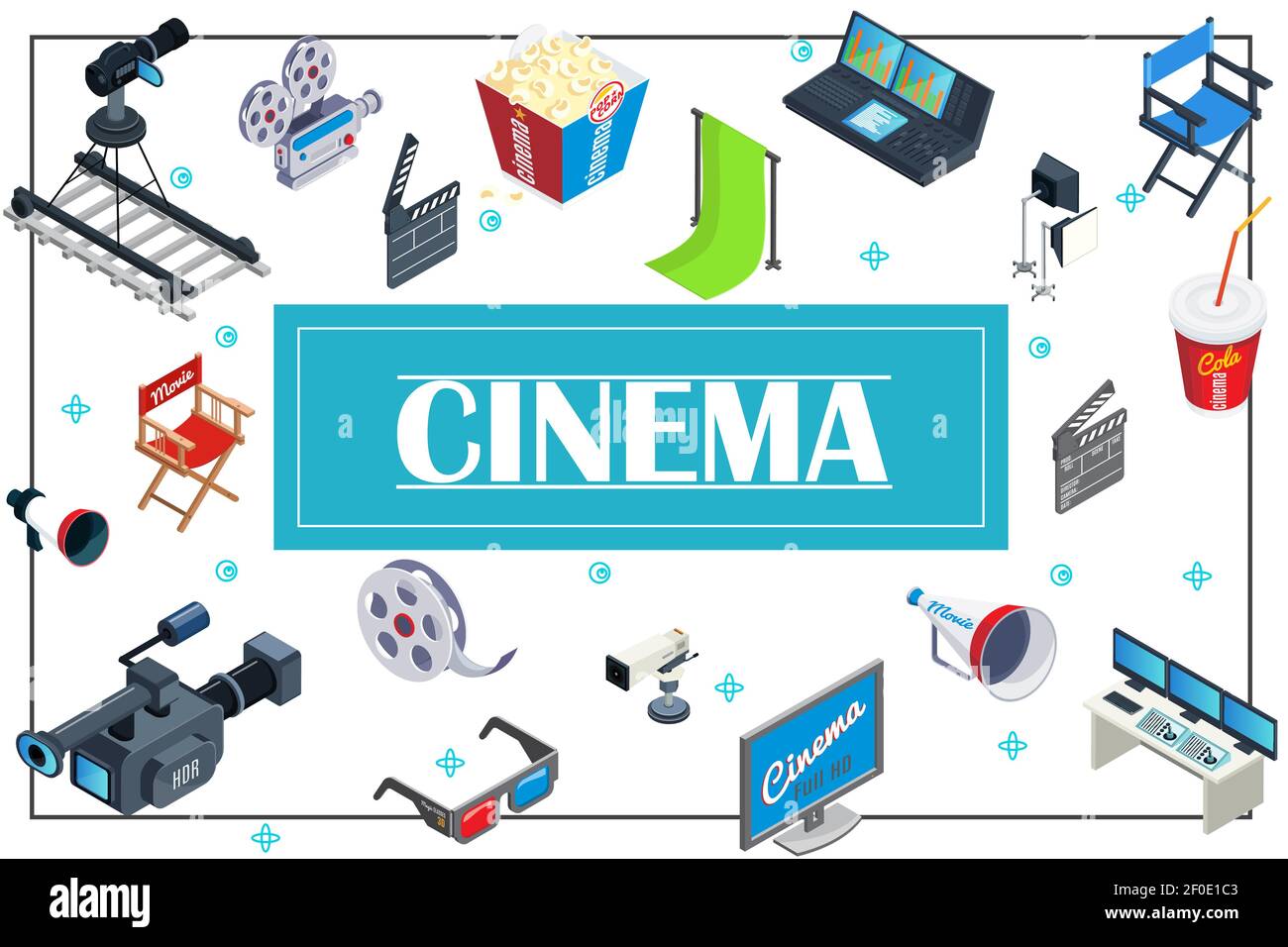 Isometric movie production concept with cameras popcorn soda director ...