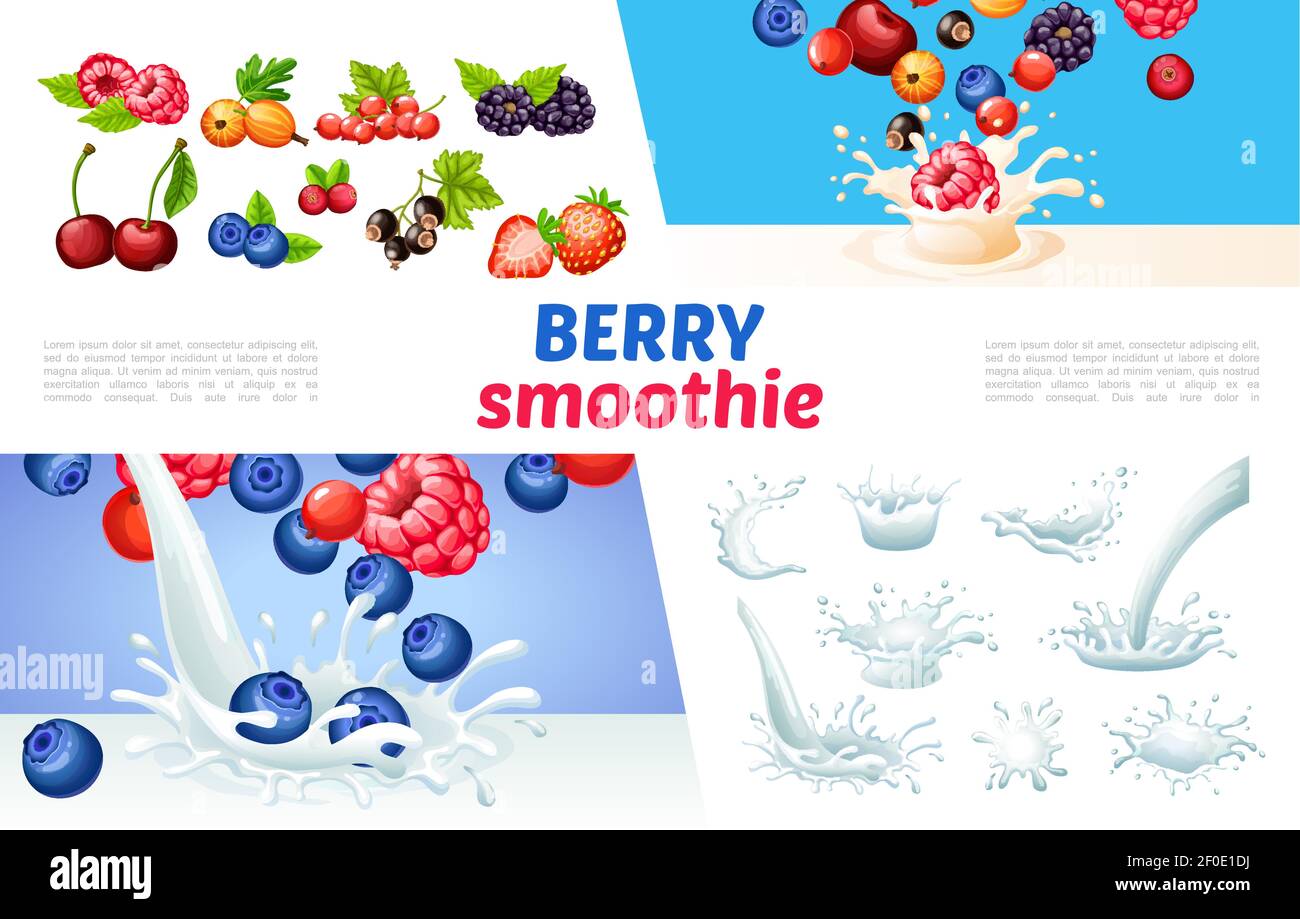 Cartoon berry smoothies concept with milk splashes and drops blueberry ...