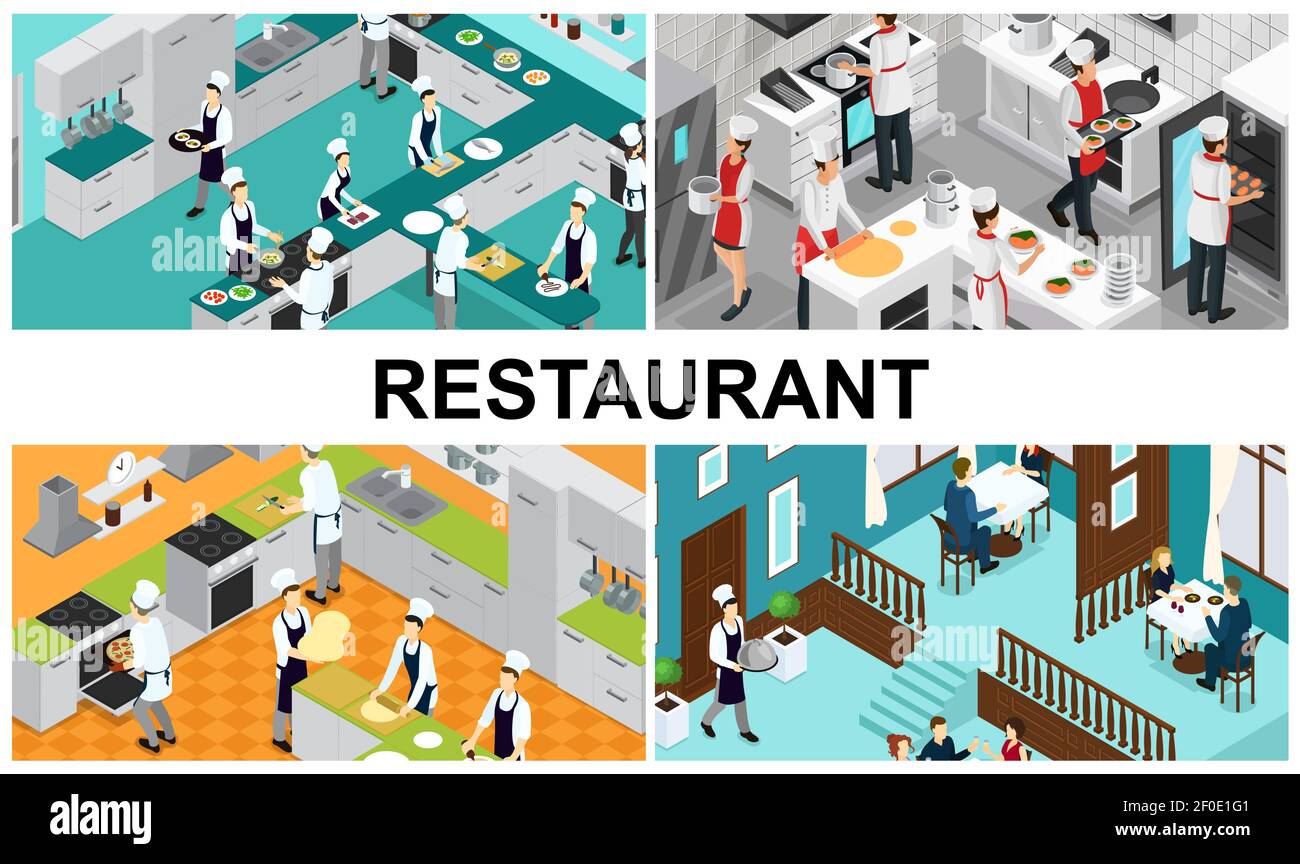 Isometric restaurant cooking composition with chefs assistants ...