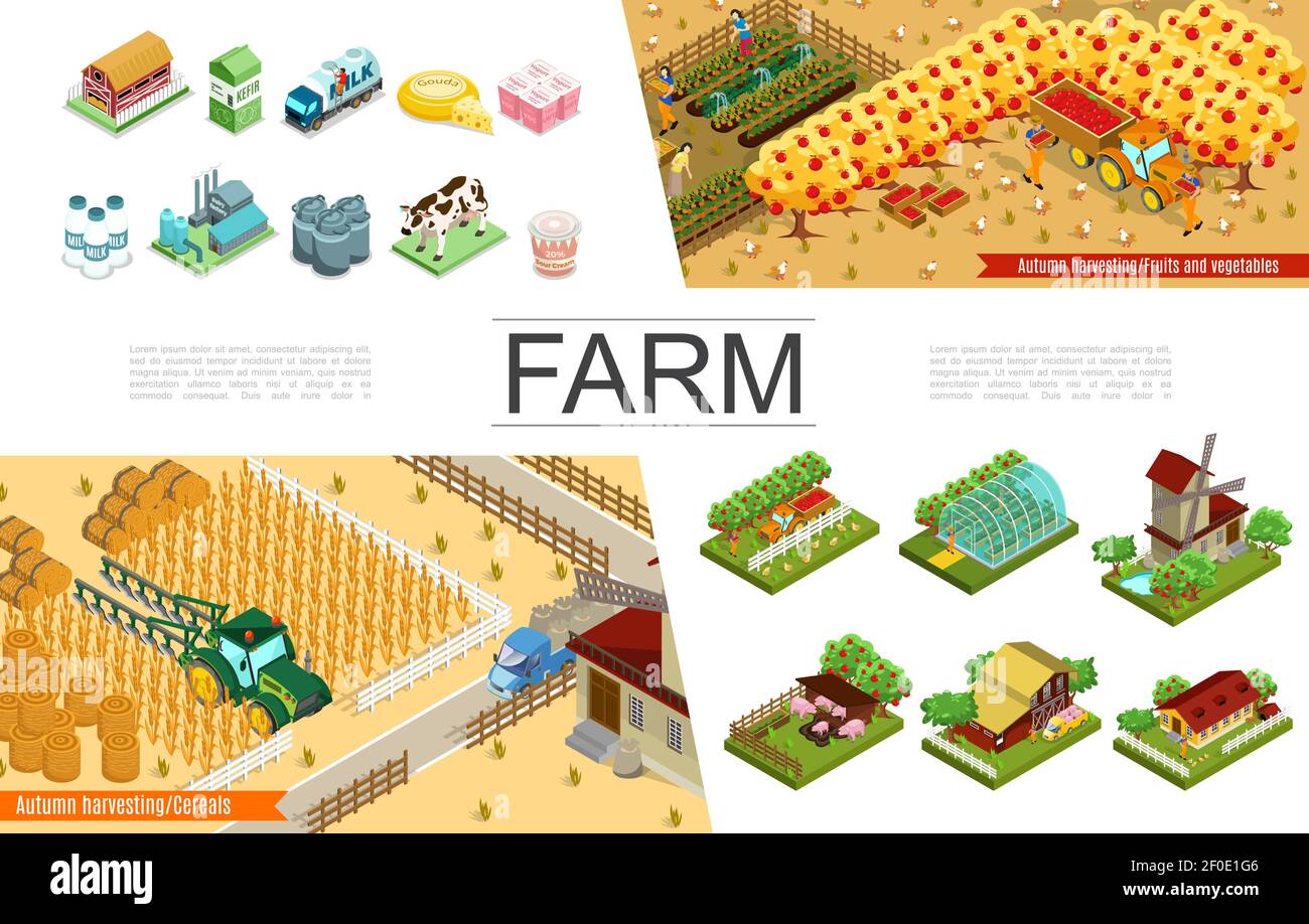 Isometric agriculture elements collection with farms windmill ...