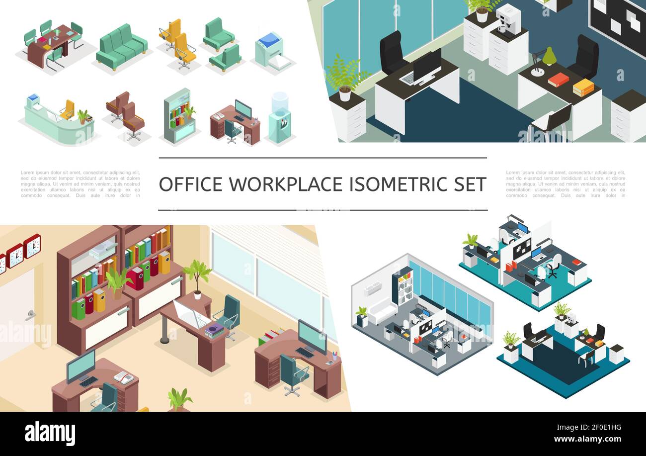Isometric office interiors collection with variations of workplaces ...