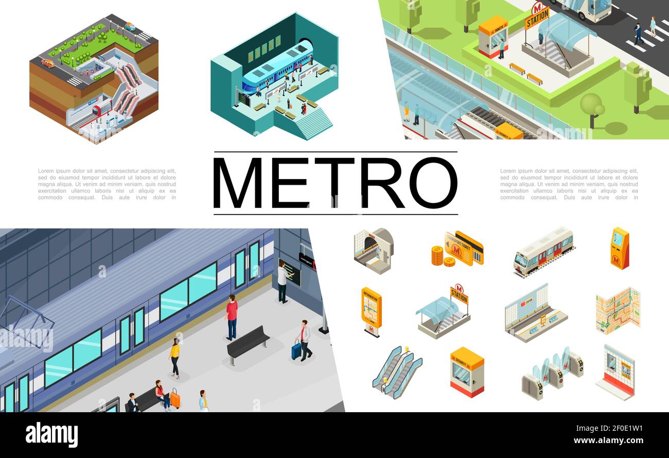 Isometric metro elements collection with train tickets travel card atm ...