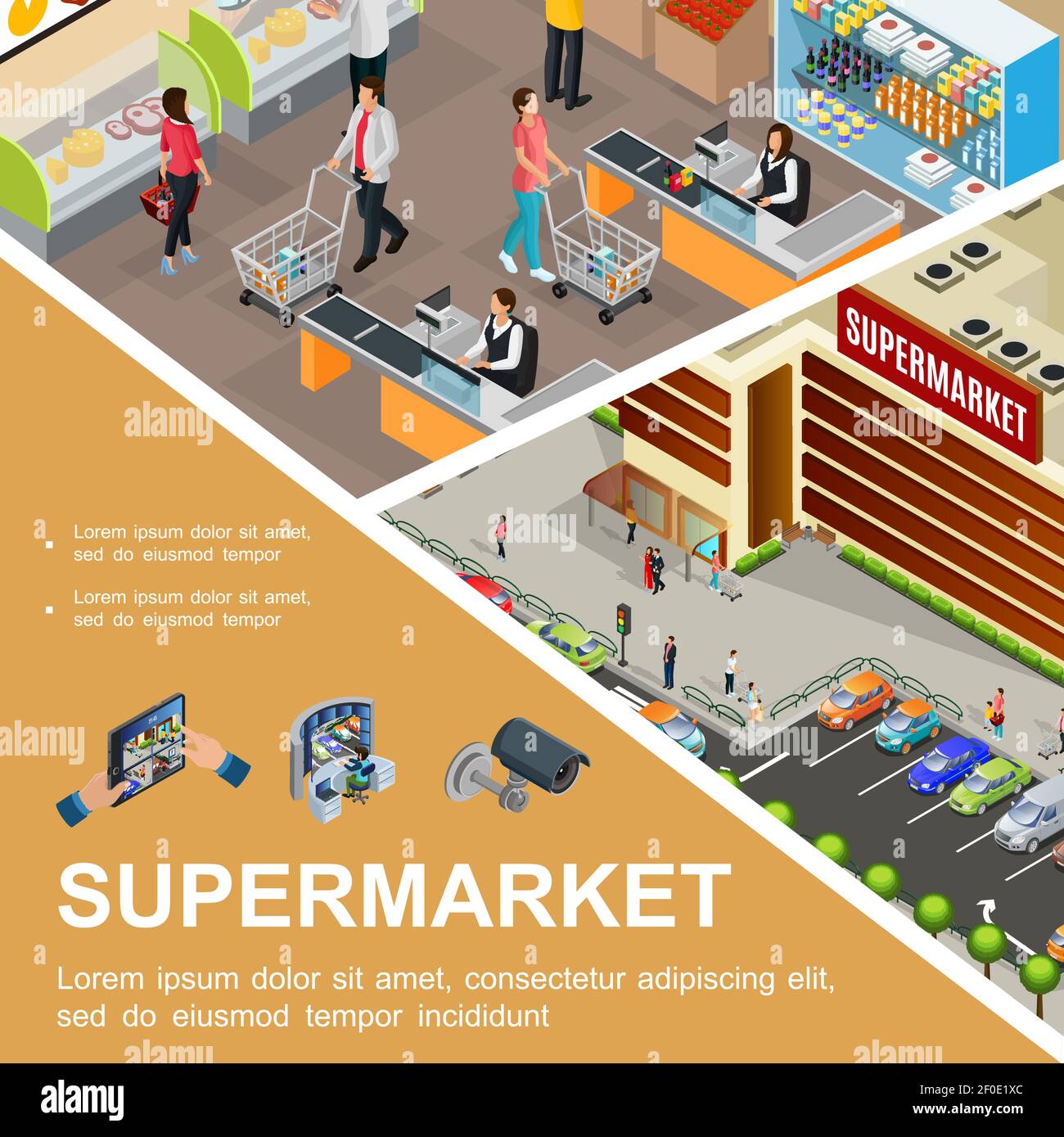 Isometric shopping mall concept with supermarket building exterior cars ...