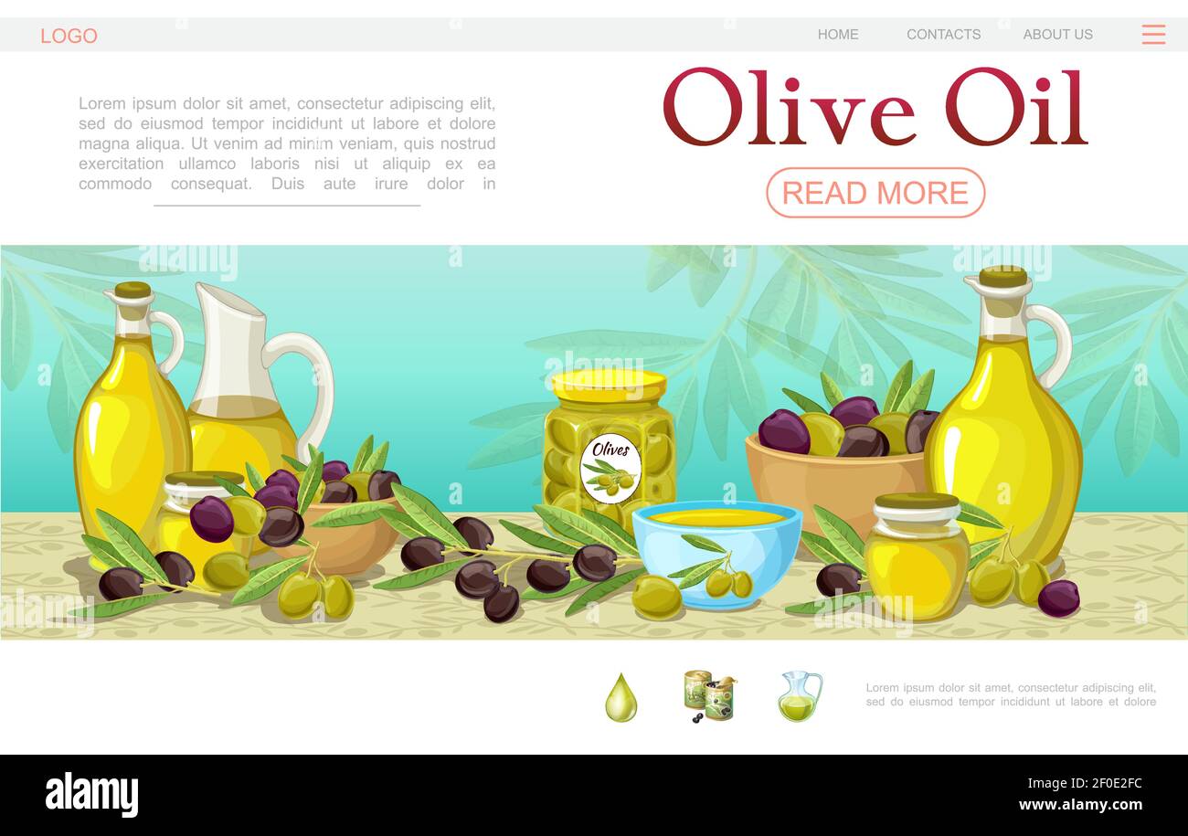 Cartoon olive oil web page template with pots bowls black and green ...
