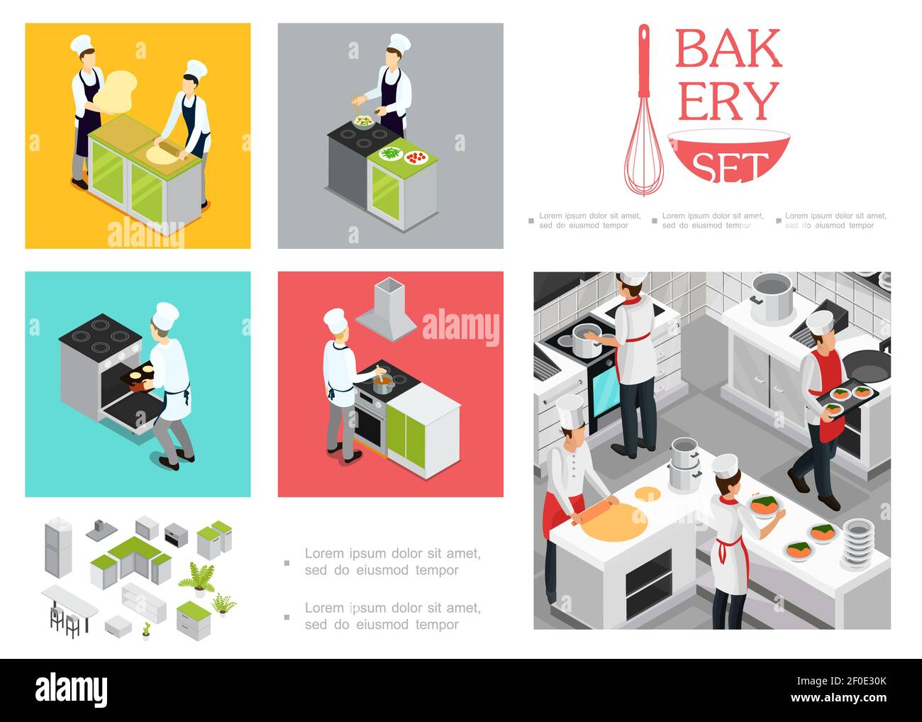 Isometric restaurant cooking infographic template with chefs in uniform ...