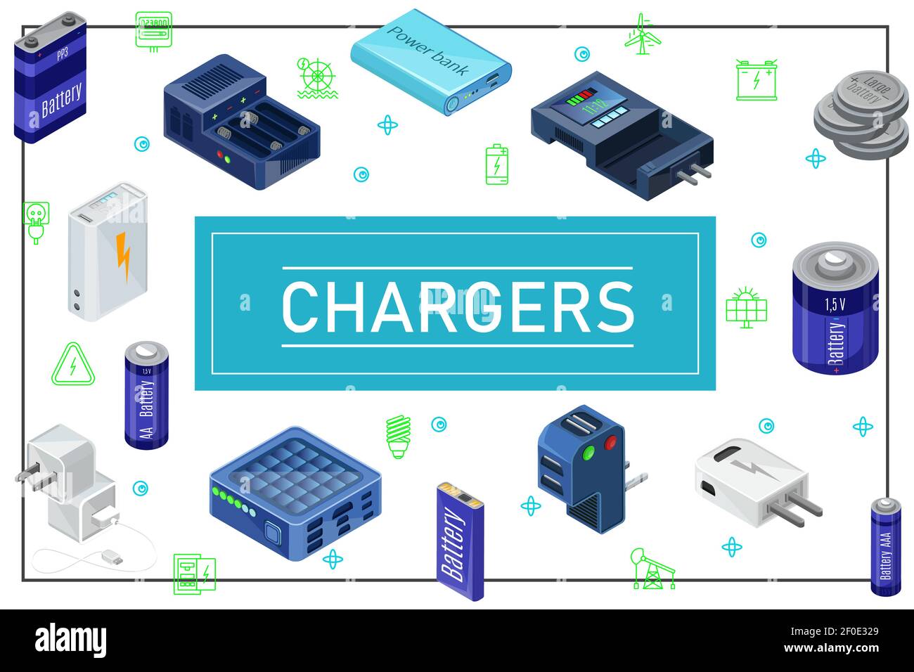 Isometric modern charging sources concept with plugs chargers batteries ...