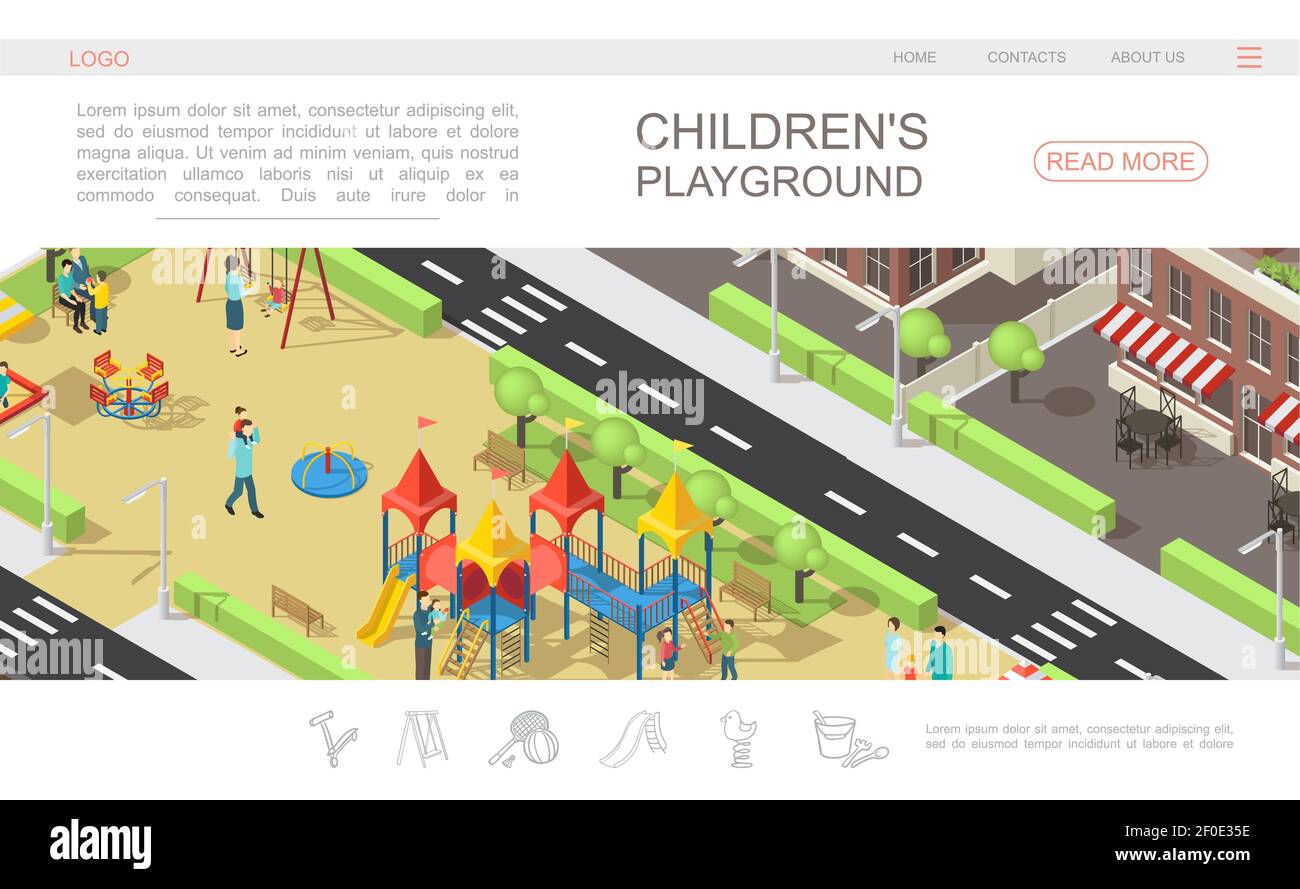 Isometric children playground web page template with kids and parents ...