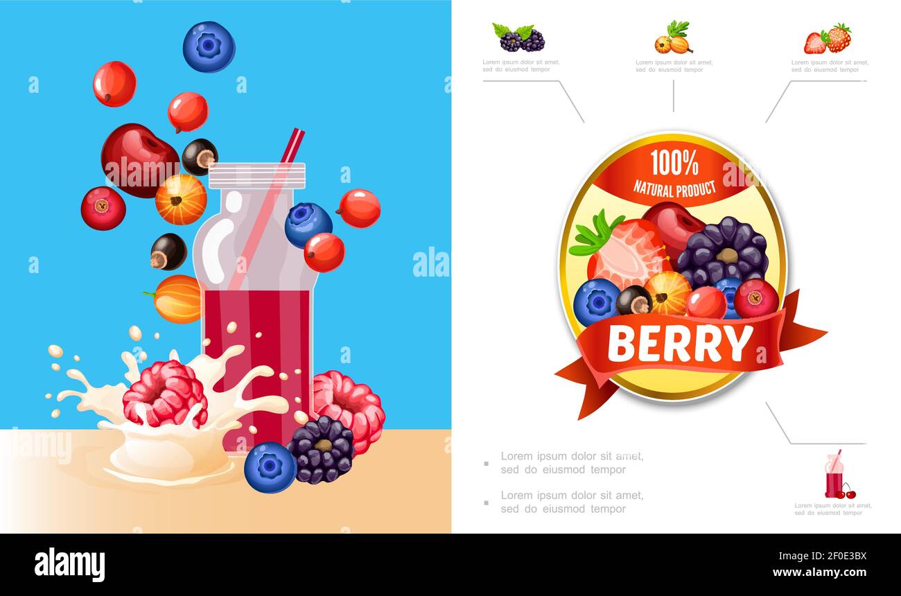 Cartoon berry smoothies concept with cherry blueberry cranberry ...