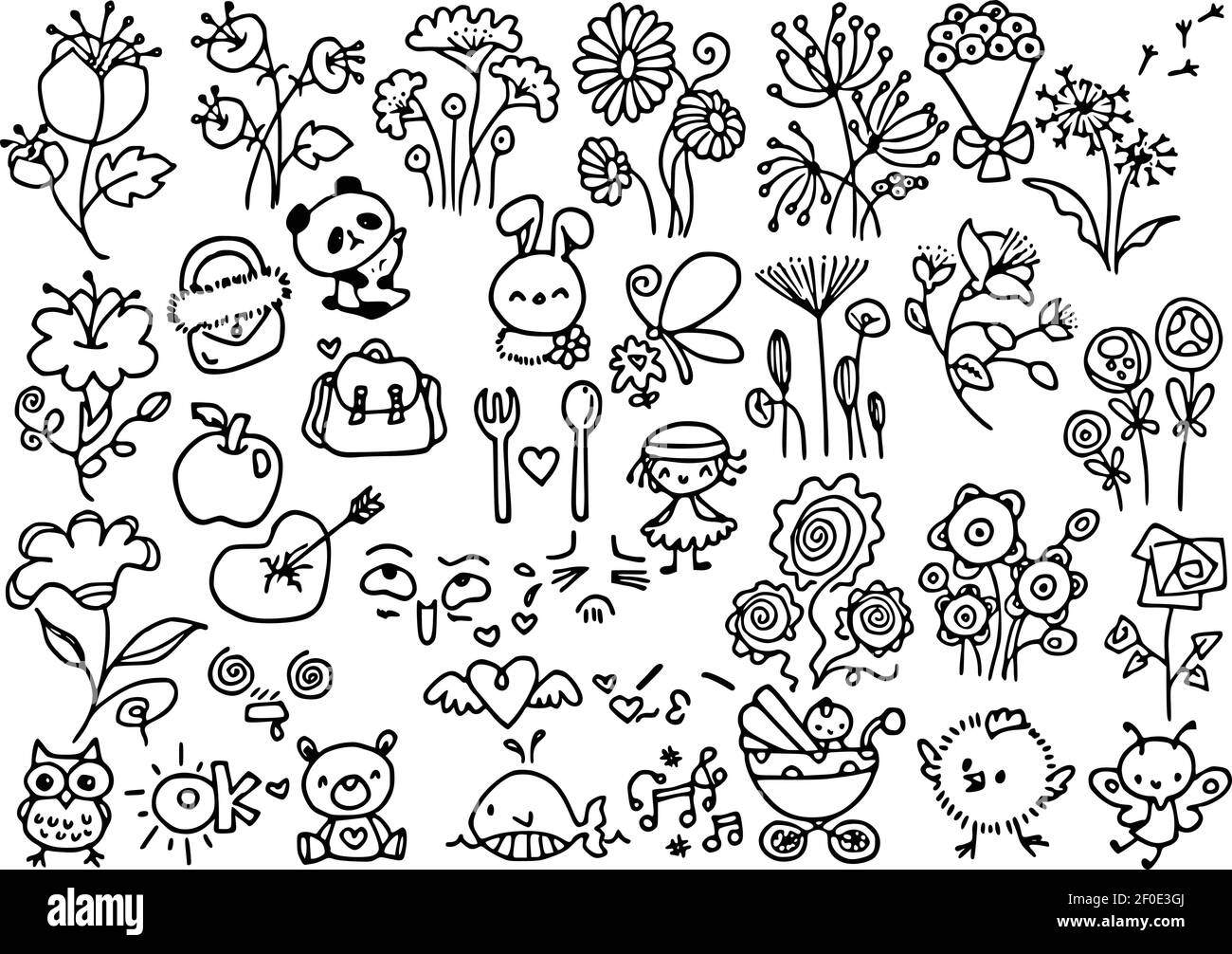 vector drawing cartoon flowers panda bear butterfly bee chicks set ...