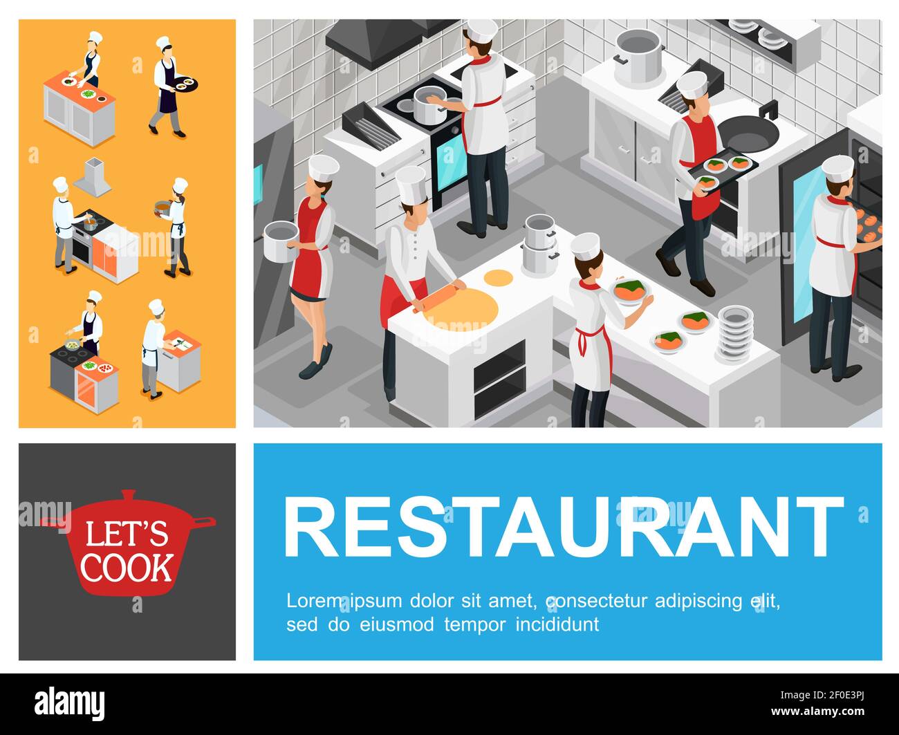 Isometric restaurant cooking process composition with waiter chefs and ...