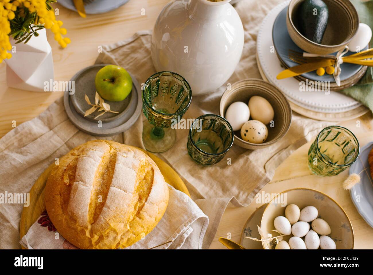 rustic breakfast in a rustic home kitchen with farm eggs, green apple ...