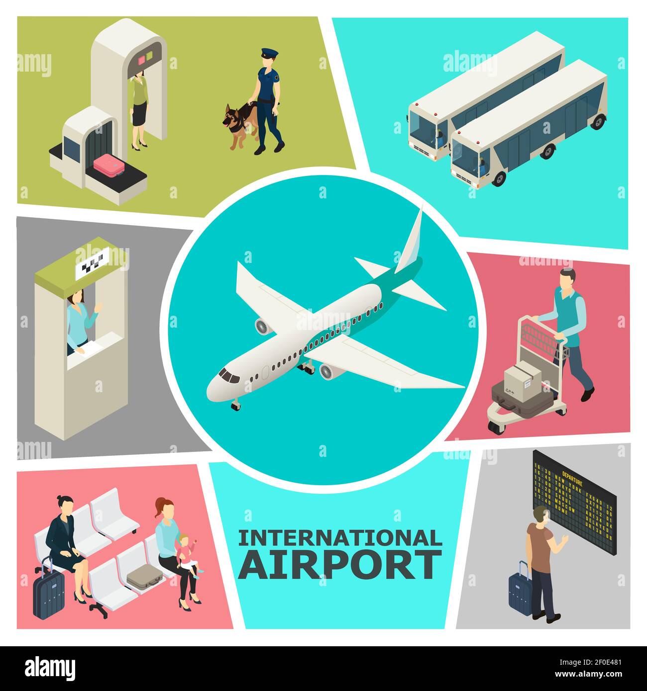 Isometric airport colorful template with customs control check-in desk ...