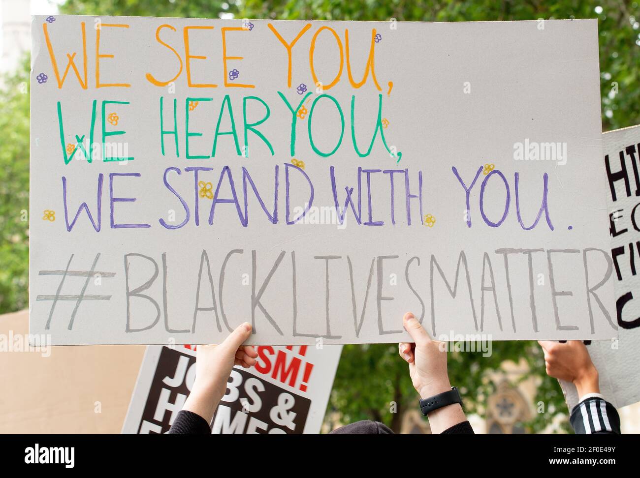 Anti racism campaign signs & banners at the Black Lives Matter protest ...