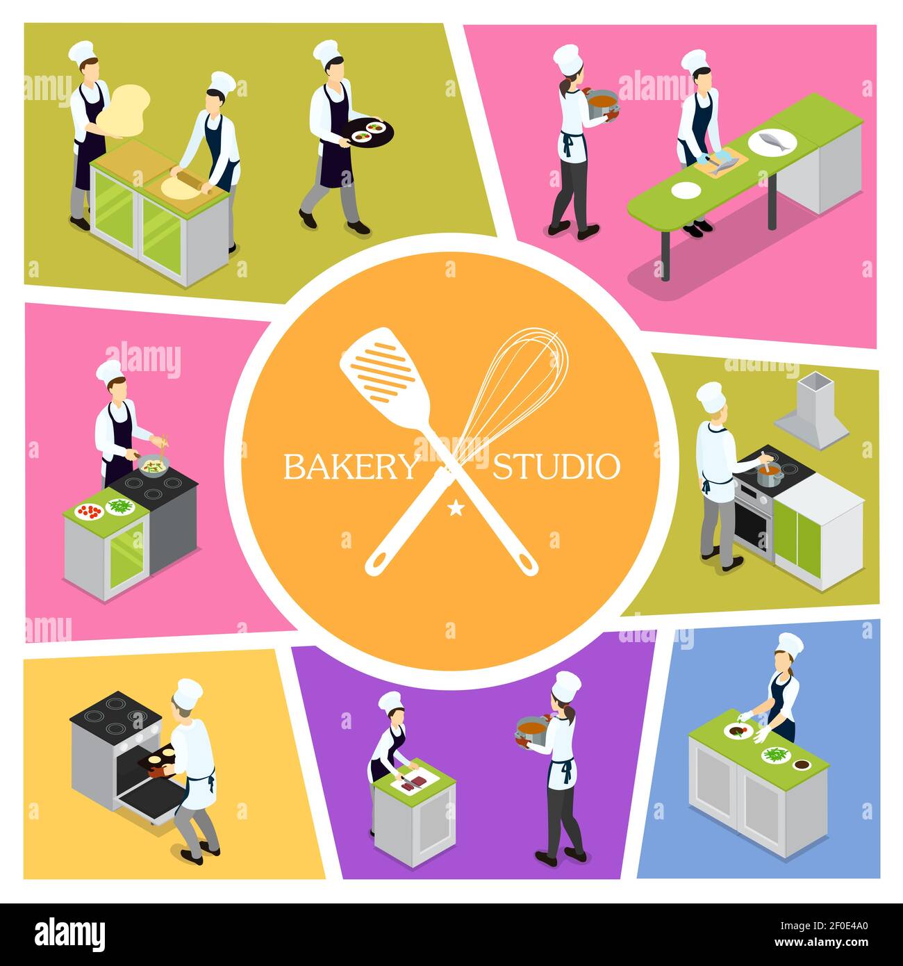 Isometric professional cooking composition with chefs and assistants ...
