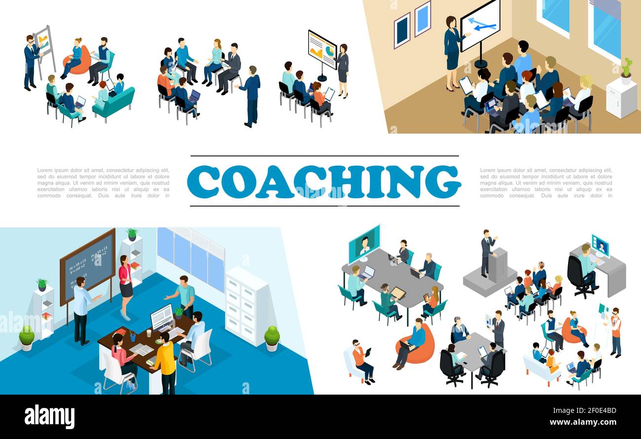 Isometric staff business coaching composition with people take part in ...