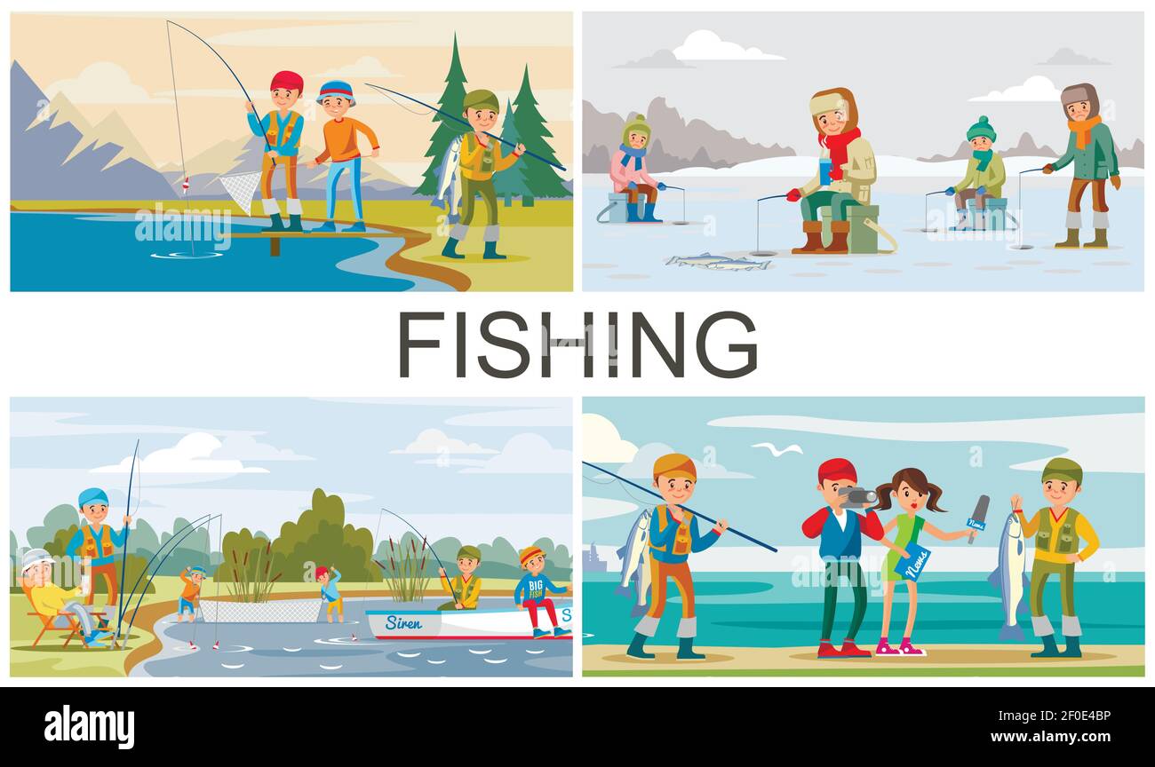 Flat fishing hobby composition with summer and winter fishing and ...