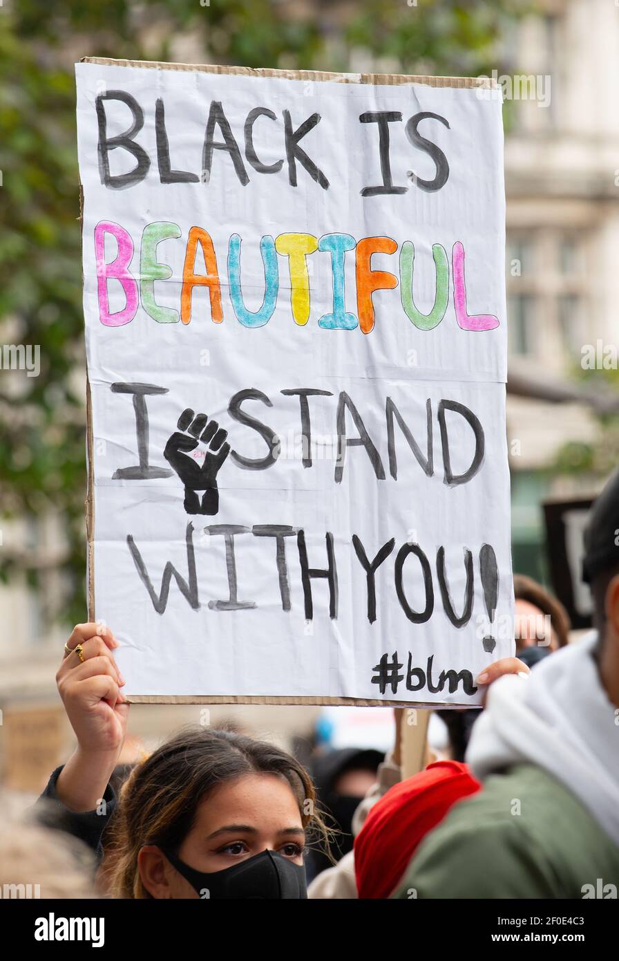 Anti racism campaign signs & banners at the Black Lives Matter protest ...