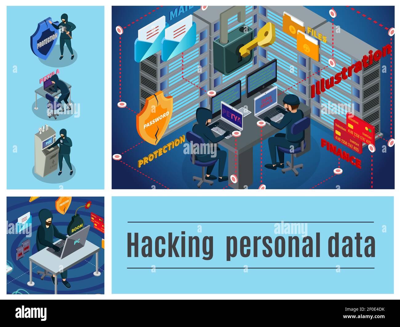Isometric Hacker Activity Colorful Composition With Computer Servers Mail Atm Datacenter Hacking