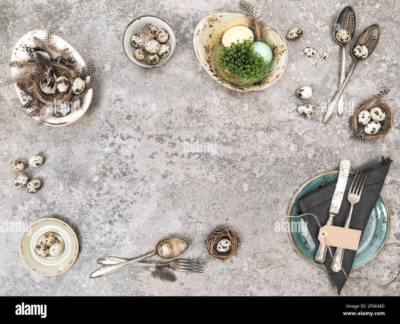 Easter table place setting with eggs decoration. Template background ...