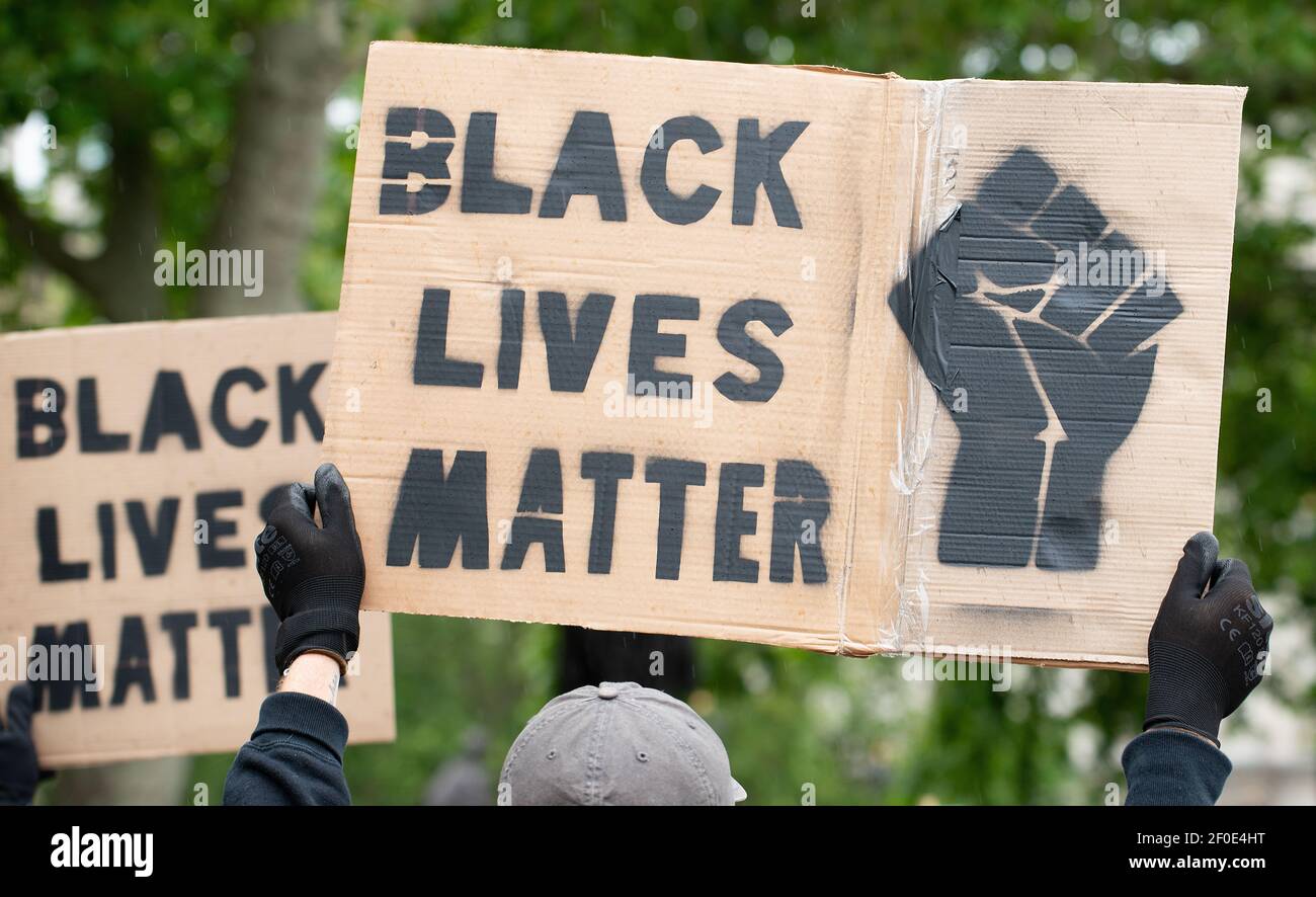 Anti racism campaign signs & banners at the Black Lives Matter protest ...