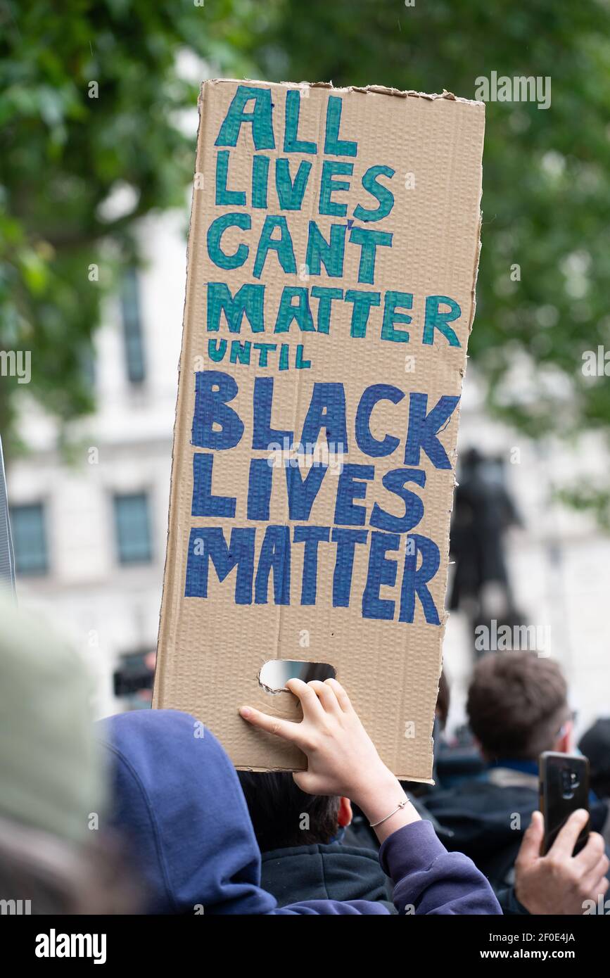 Anti racism campaign signs & banners at the Black Lives Matter protest ...