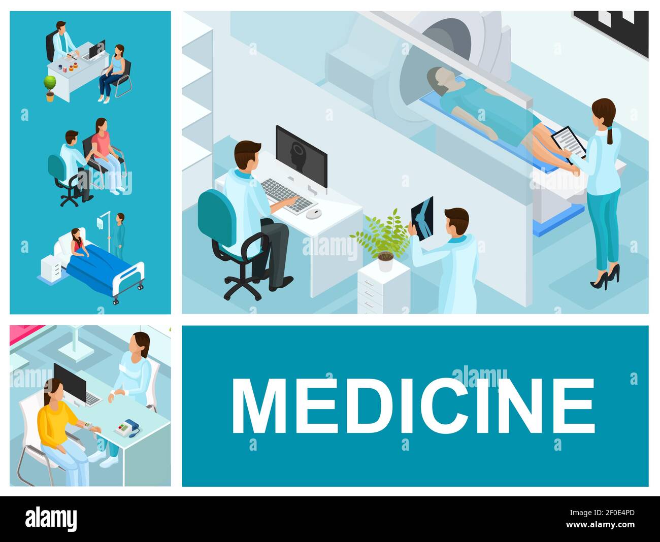 Isometric medical treatment composition with people visiting doctors ...