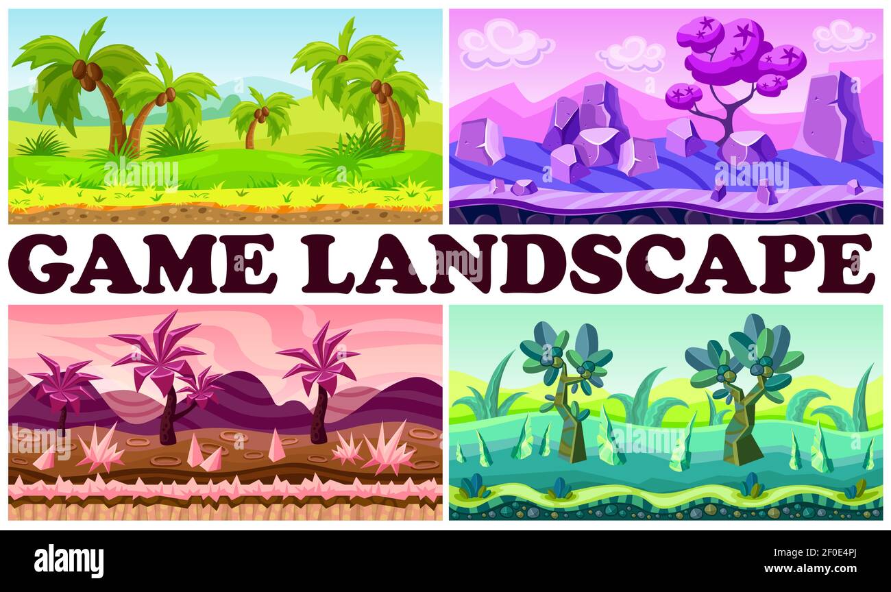Flat game nature design backgrounds set with tropical fantasy jungle ...