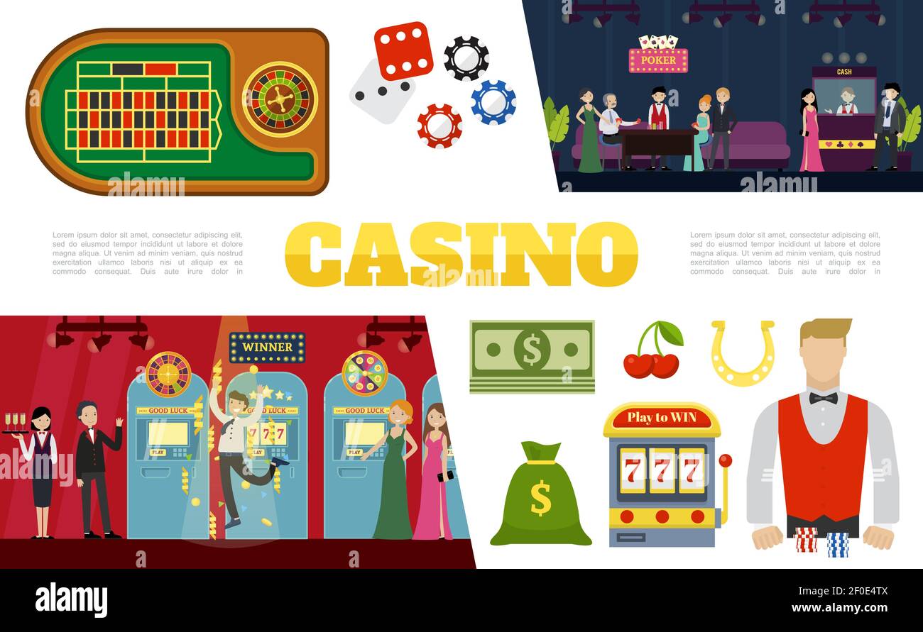 Flat casino elements collection with poker table dices chips bag of ...