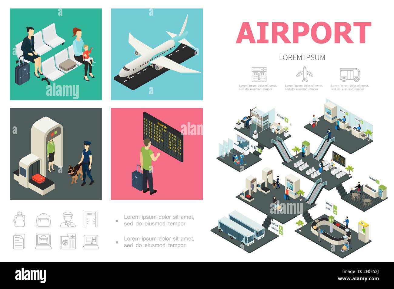 Isometric airport infographic concept with passengers airplane customs ...