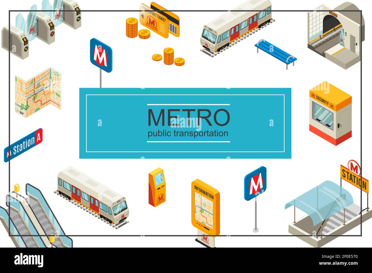 Isometric subway concept with train metro station turnstiles coins ...