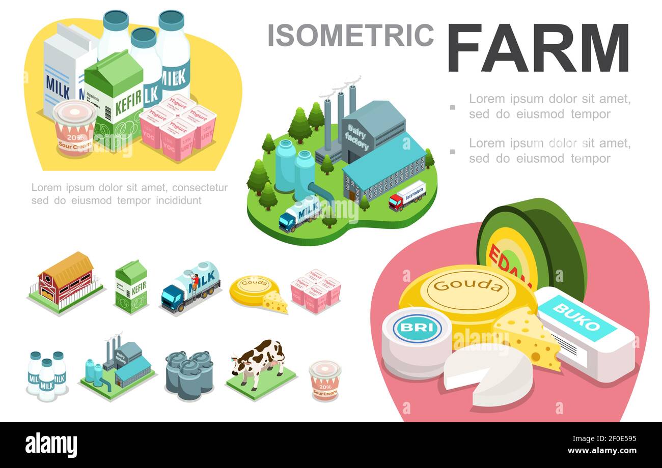 Isometric dairy industry infographic concept with factory cheese sour ...
