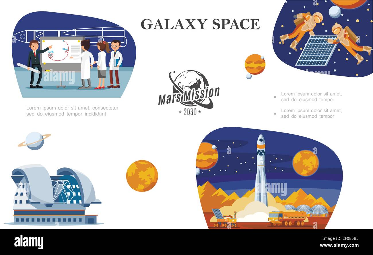 Flat space composition with scientists astronauts in outer space ...